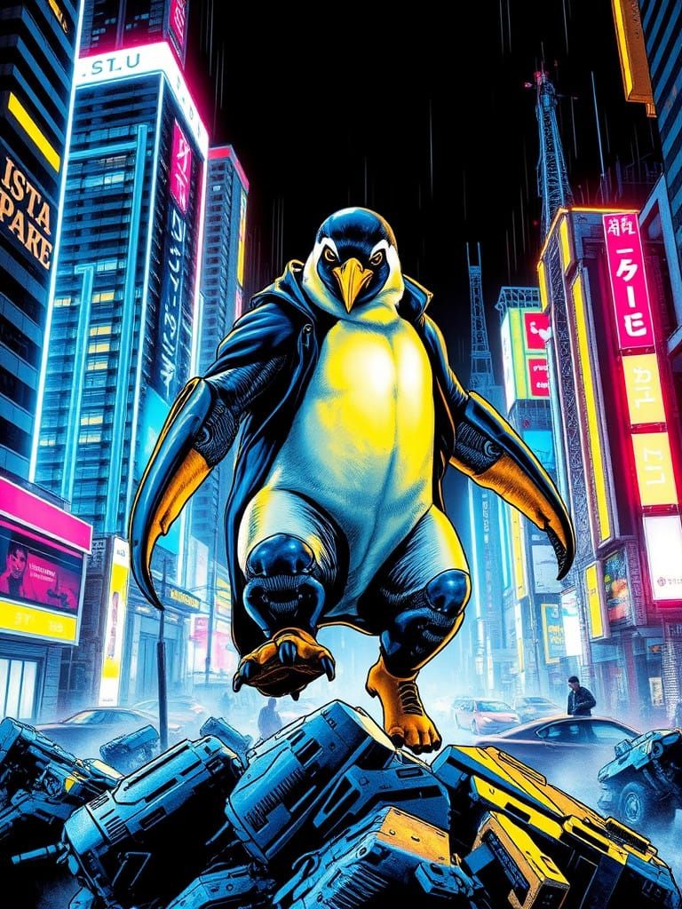 Cyberpunk Penguin Hero in Futuristic City - AI Art