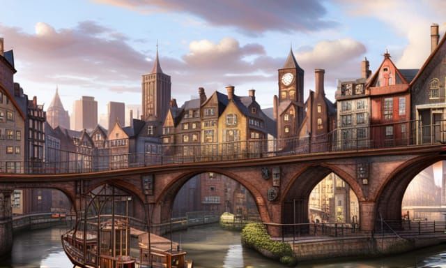 Whimsical complex growing peaceful fantasy steampunk merchant city ...