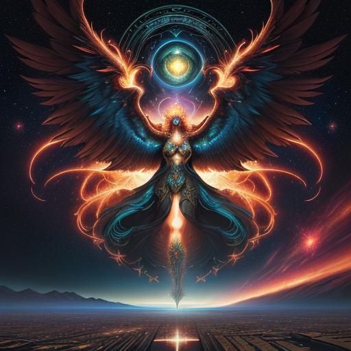 A colossal, intimidating Stellar Phoenix in a cosmic setting, with ...