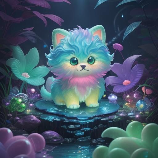 adorable cute chibi baby furry Puppy with a bioluminescent Waterfall in ...