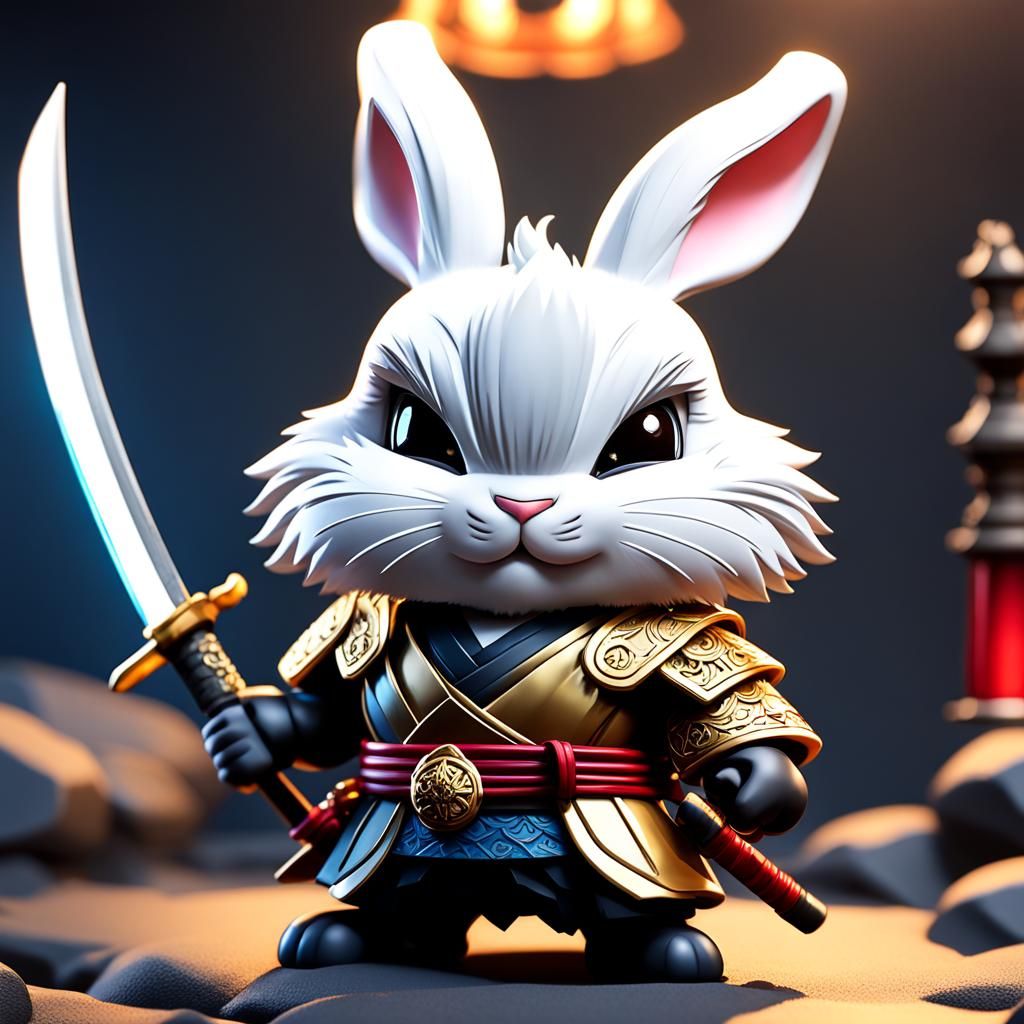 (8k furry chibi rabbit samurai with an oversized head, intricate 3D ...