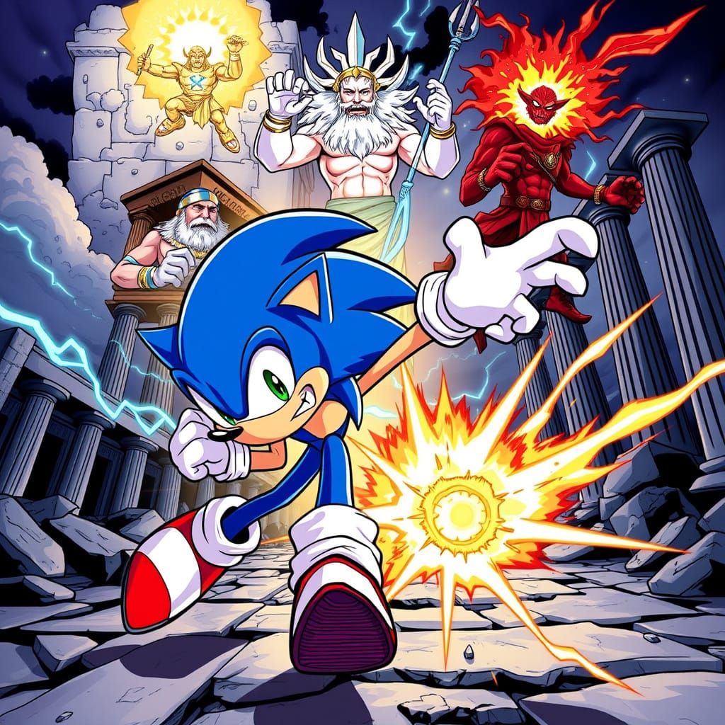 Sonic Battles Greek Gods in an Epic Comic Book Art... - AI Art