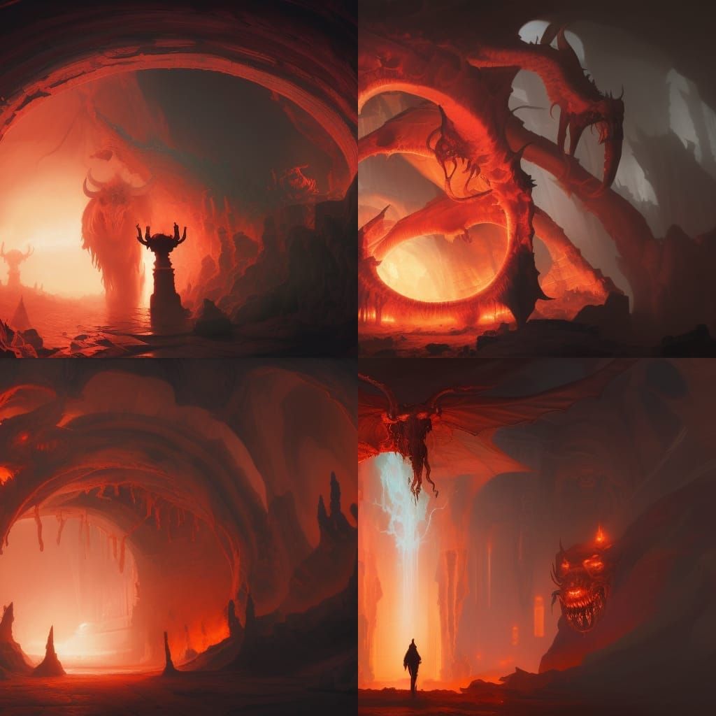 The entrance to the 13 layers of hell fire brimstone demons hyperdetailed action painting mixed ...