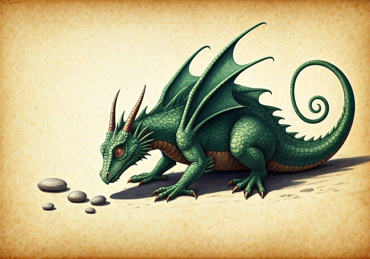 Counting pebbles - Medieval Dragon Counting Pebbles in Vivid...