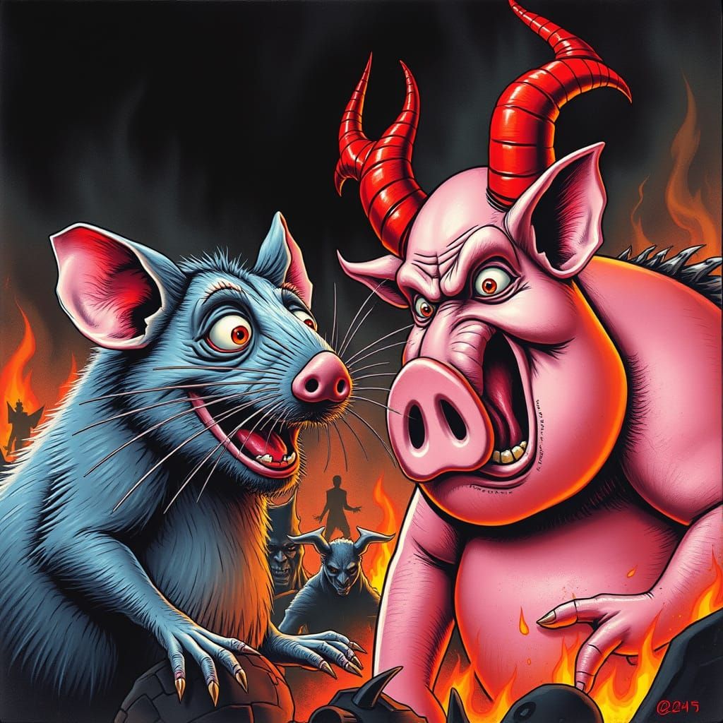 Hyper-realistic grotesque grey rat with his best friend porky the ...