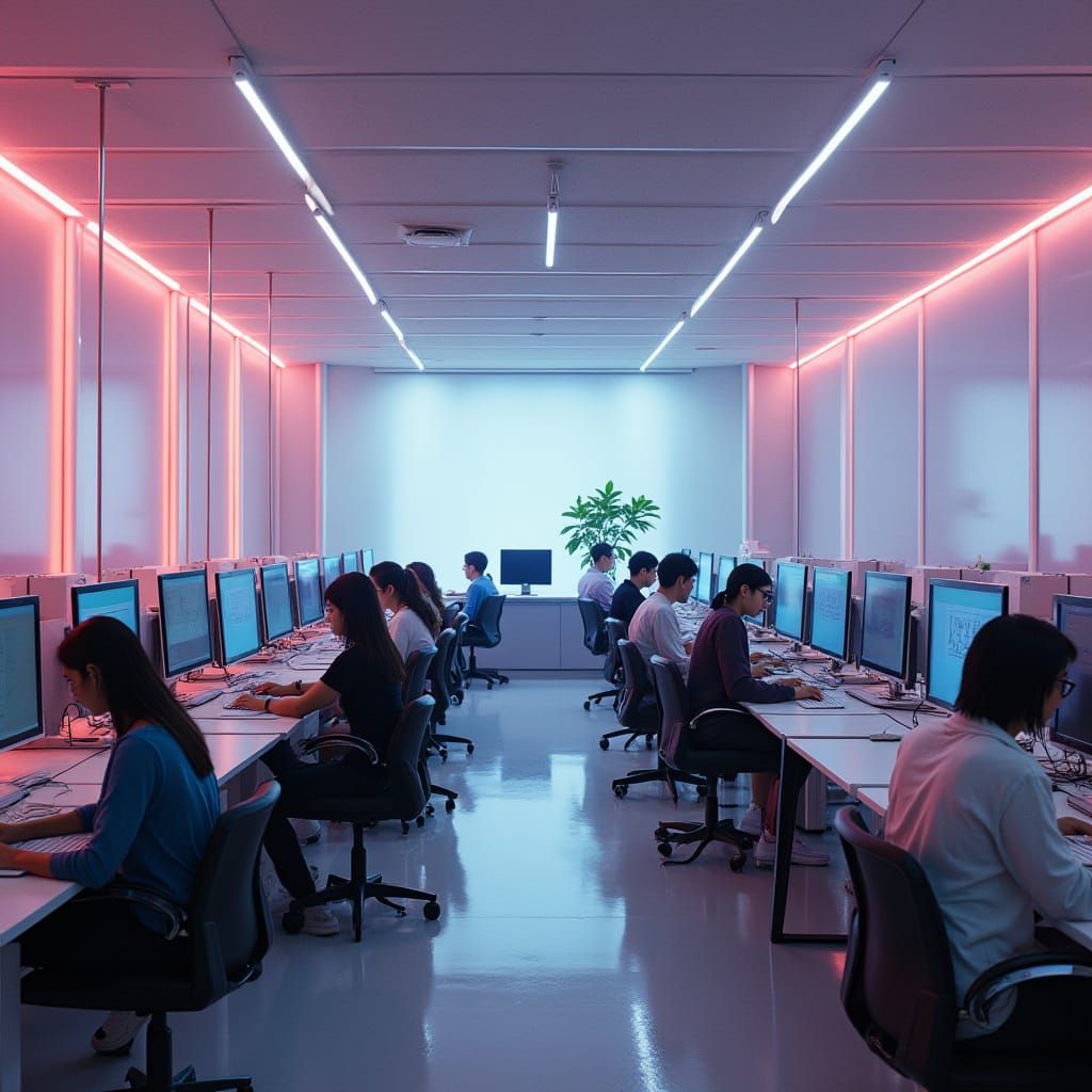 modern computer lab - Futuristic Computer Lab in Neon-Lit Mi...