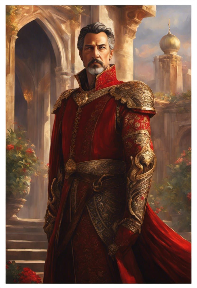 A painting of a noble, handsome king in his late-fifties. He has short ...