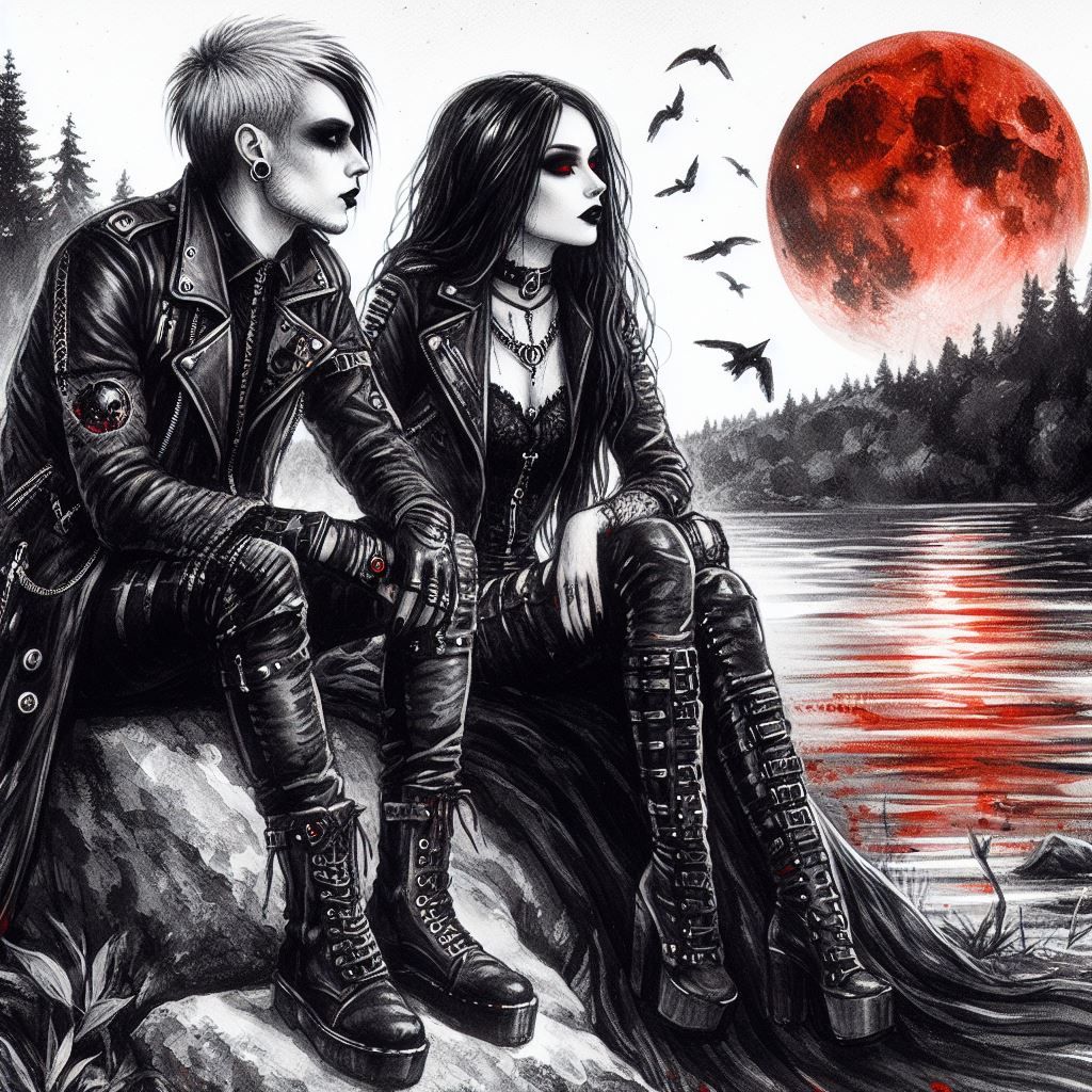 Gothic couple watching the red moon - AI Generated Artwork - NightCafe ...