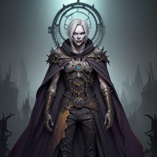 Undead male human, half clockwork machine, with a long curved blade for ...