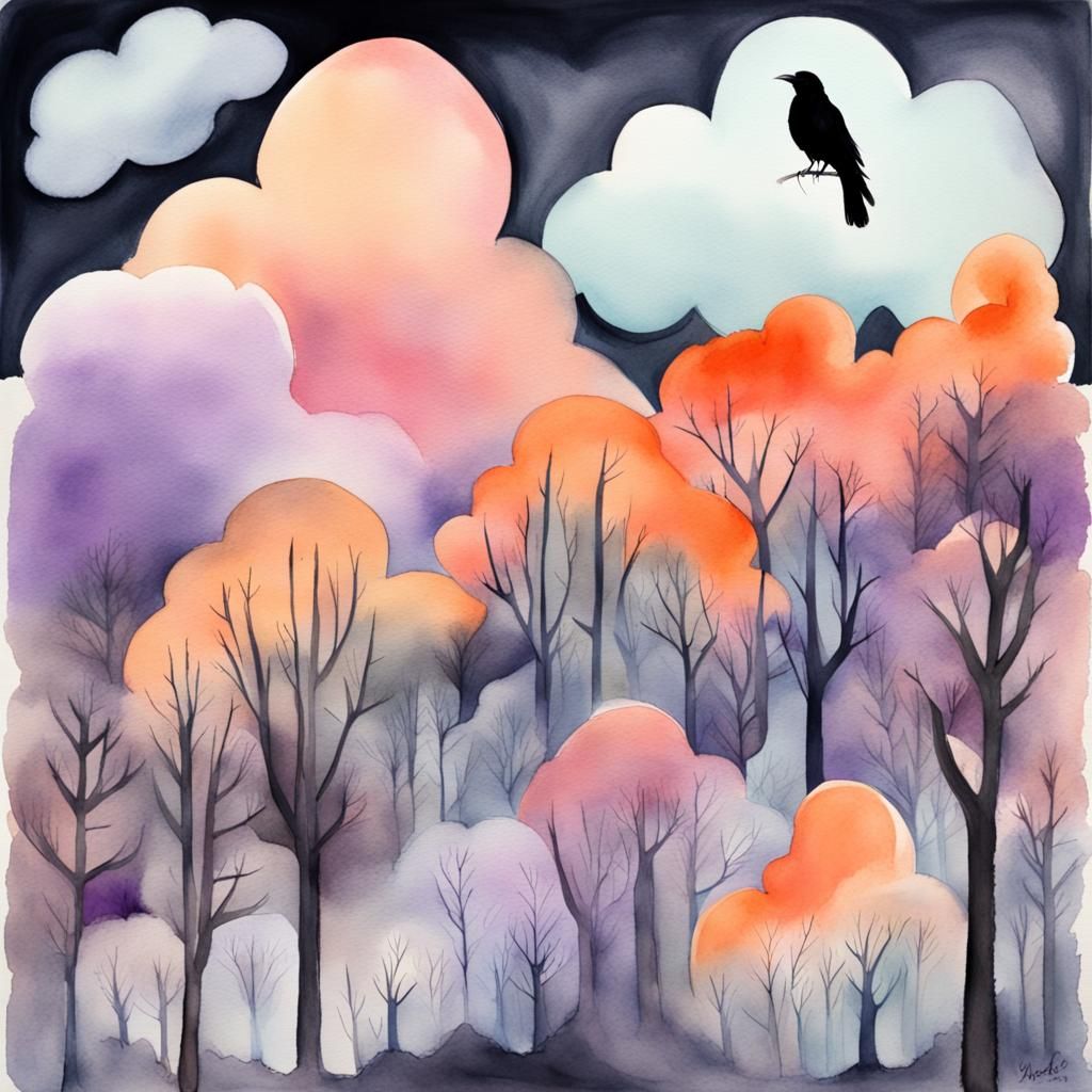 Winter Clouds as Sentient Monsters Overcast a calm forest. Watercolor ...
