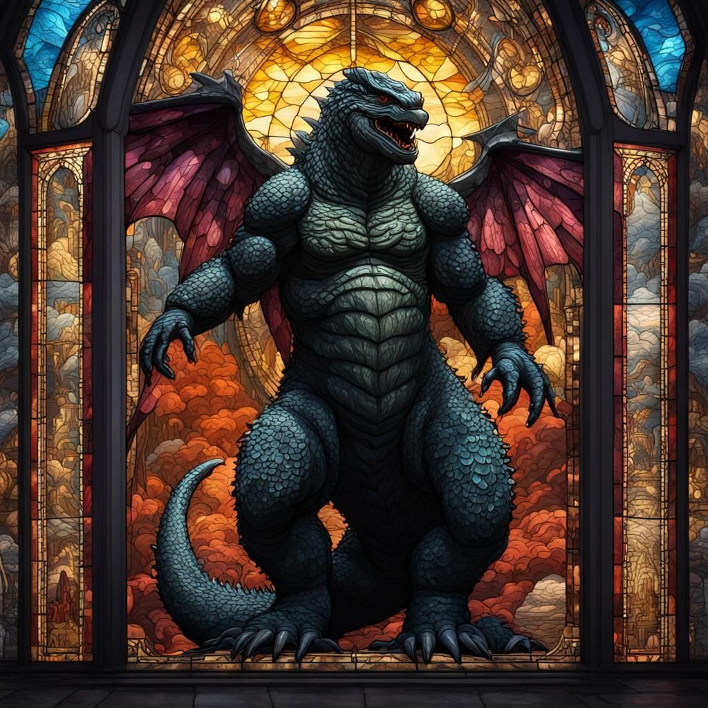 a stained glass window godzilla - AI Generated Artwork - NightCafe Creator