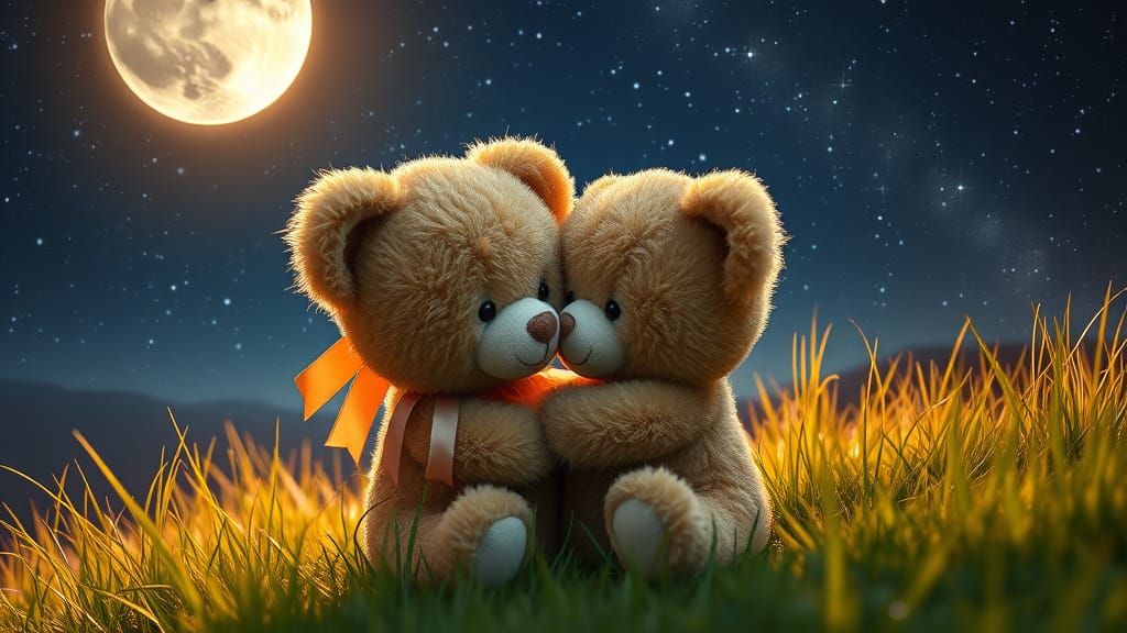 Teddy bear hug - Moonlit Teddy Bear Couple in Ethereal Embr...