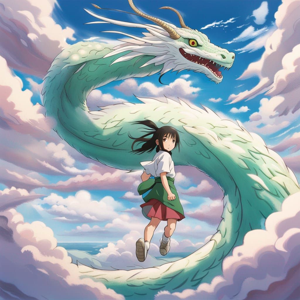 Haku in dragon form from Spirited Away, flying in the sky, by artist ...