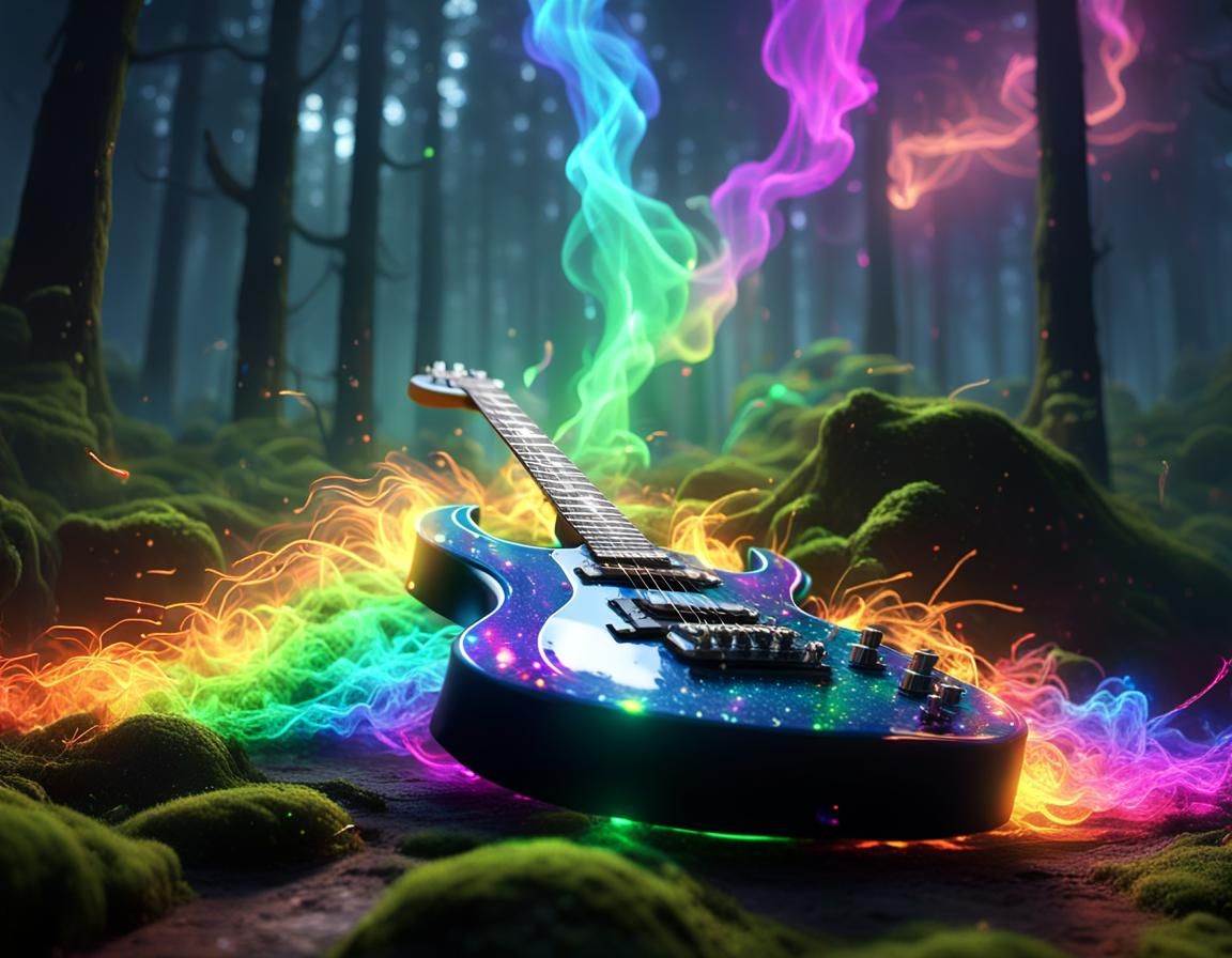 many glowing strands of electric vibrating guitar strings , more layers ...