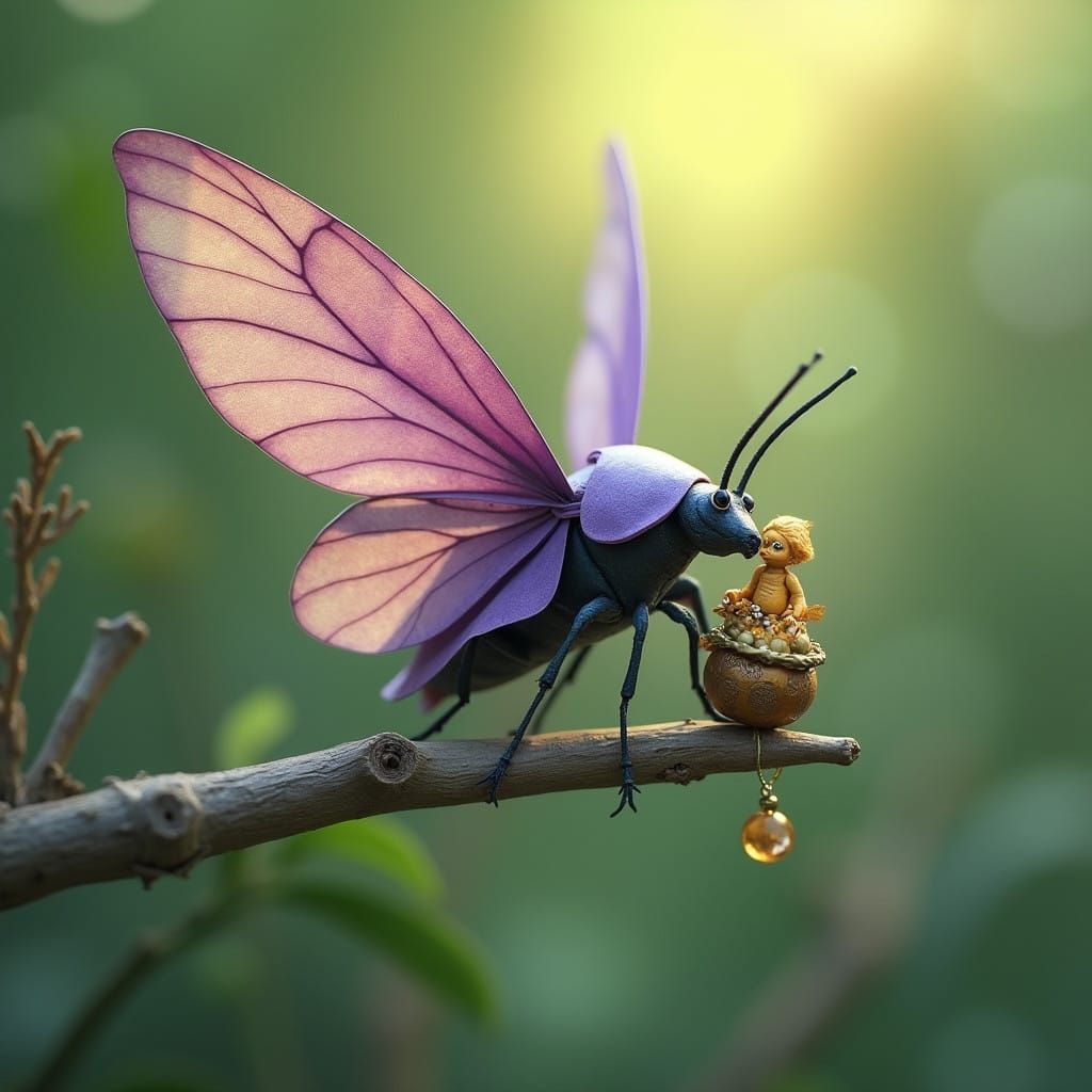 Whimsical Ladybird and Elf in Emerald Sky - AI Art