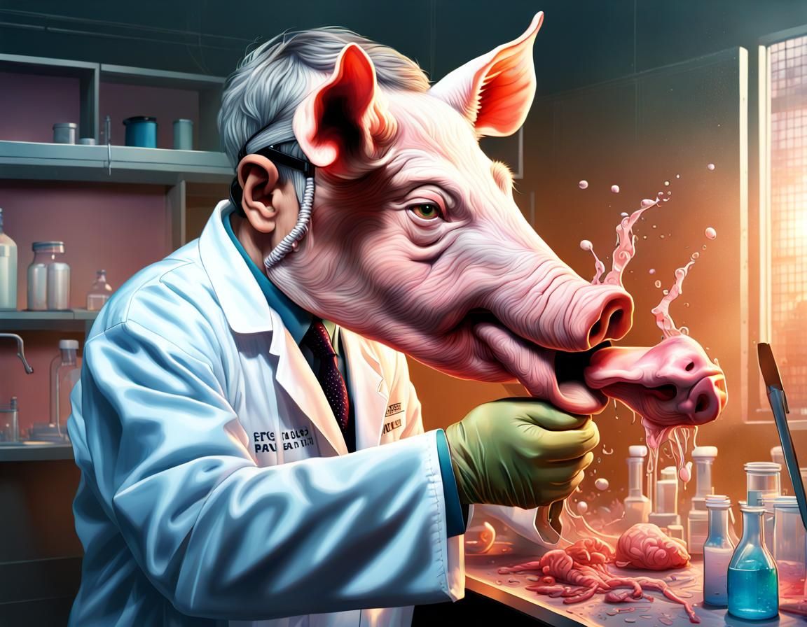 Scientist with pig head, in lab Hyperrealistic, splash art, concept art ...