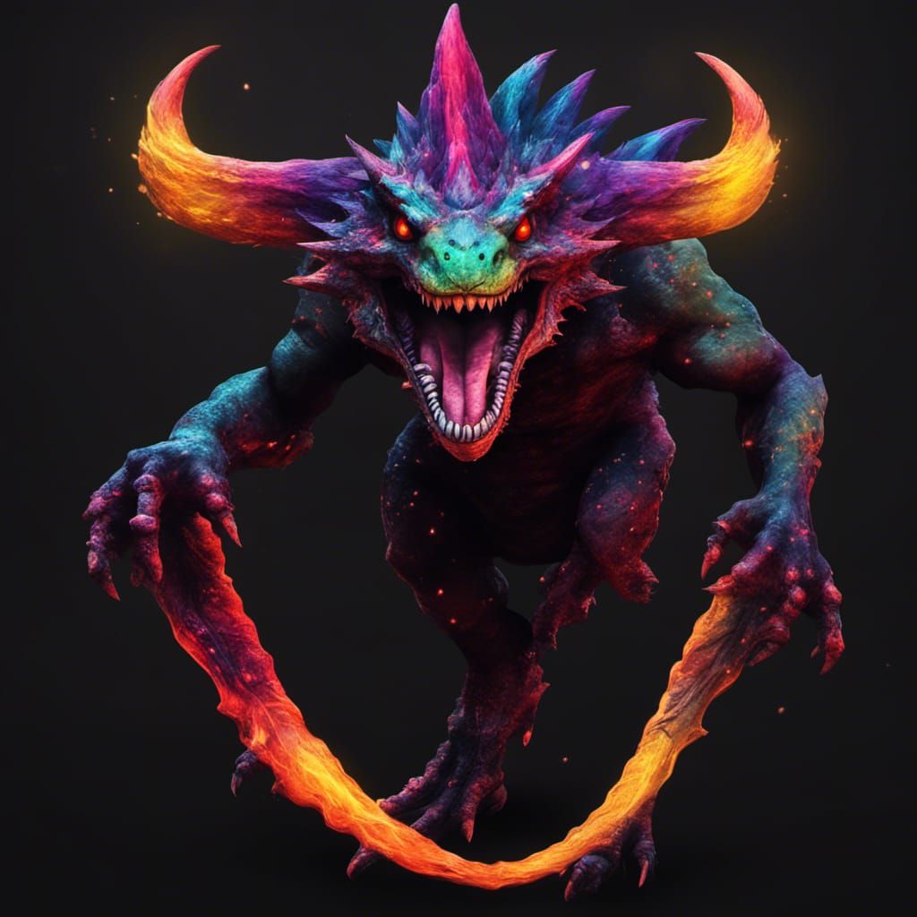 demonic rainbow dinosaur demon. with rainbow teeth and spikes and black ...