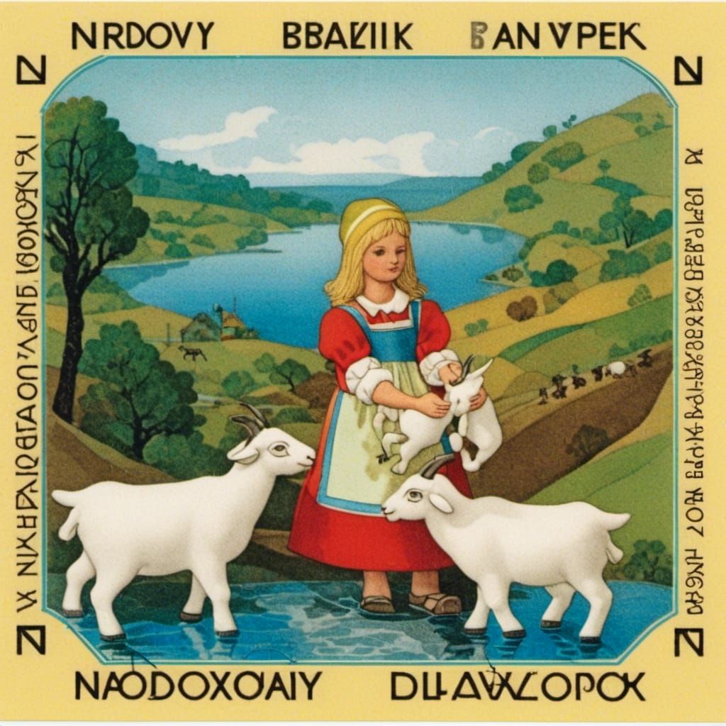 a marzipan figurine of a girl feeding marzipan goats by a jelly river ...