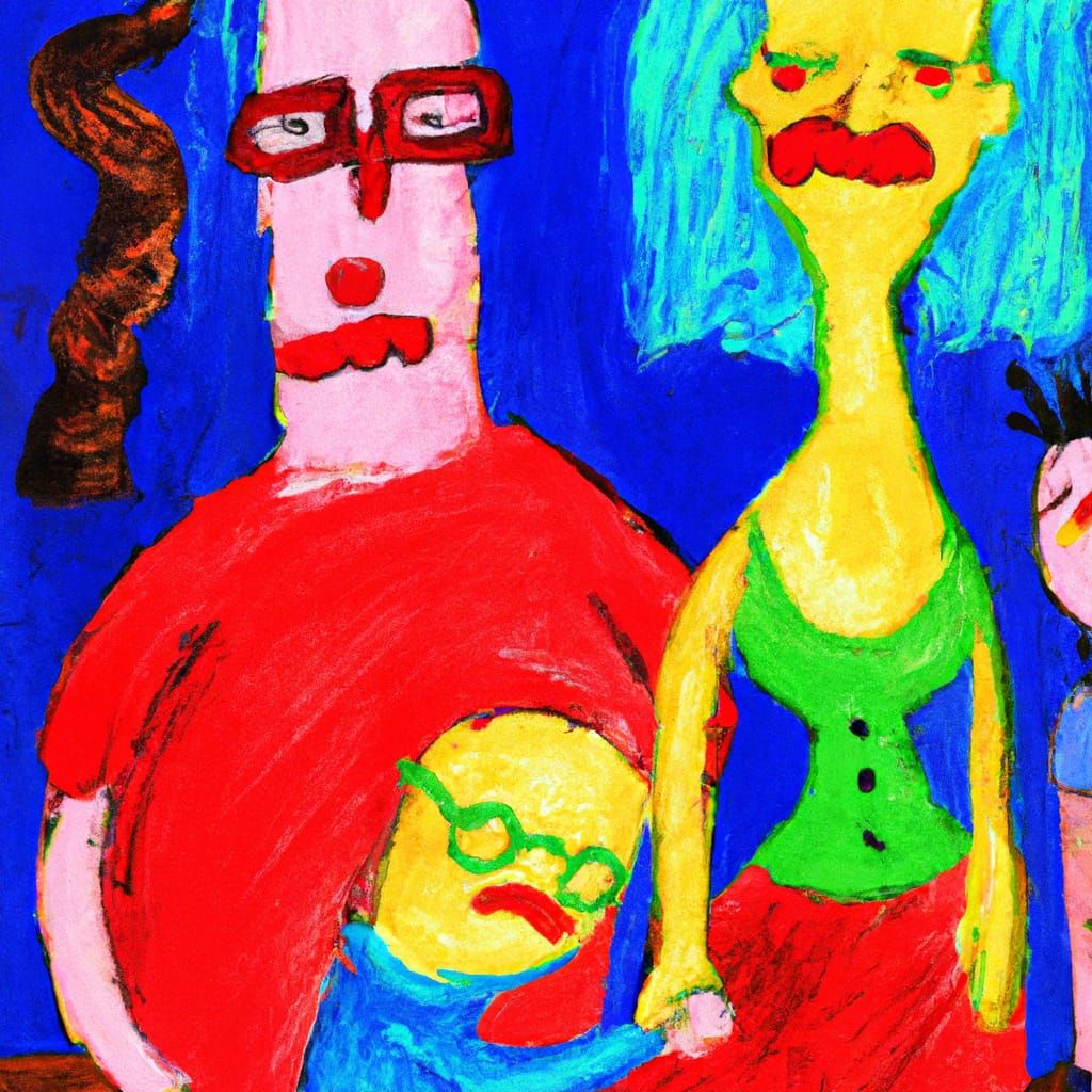 A poorly drawn cartoon portrait of an American family a surreal scene ...
