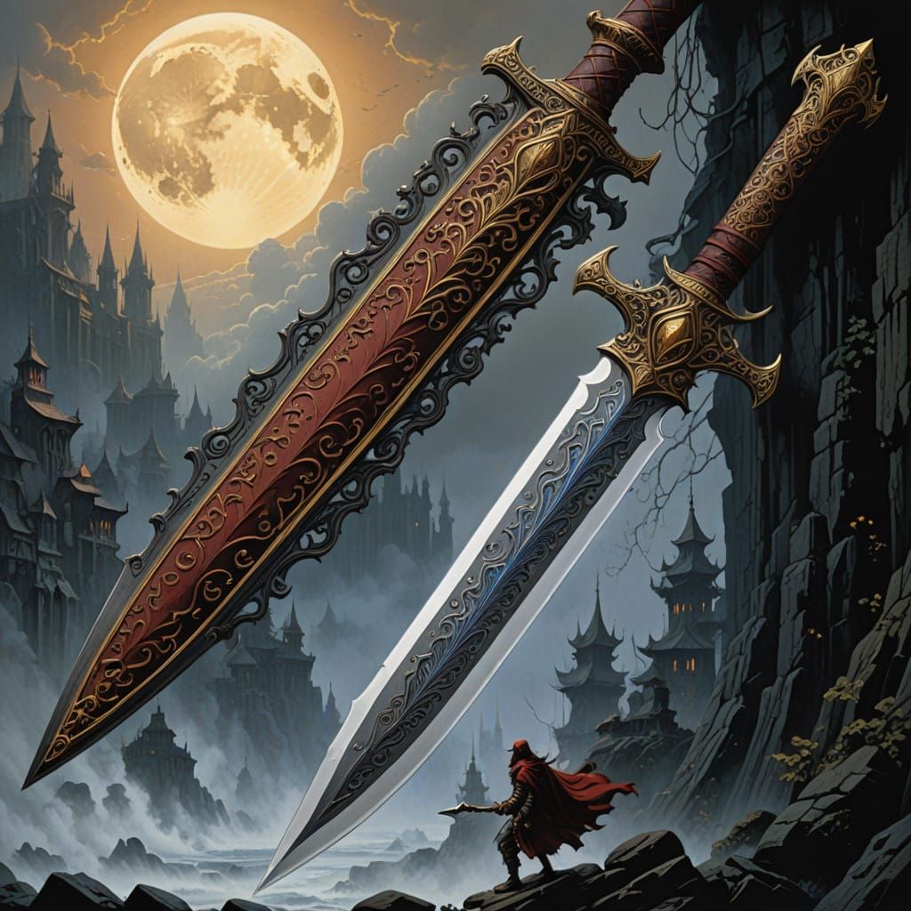 A majestic, curved sword with a ten-inch blade, forged from hardened ...