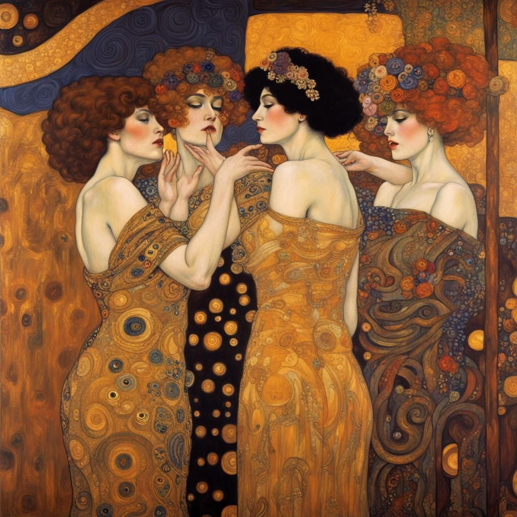 Art by Gustav Klimt, dramatic portrayal of an operatic performance, the stage alive with golden ...
