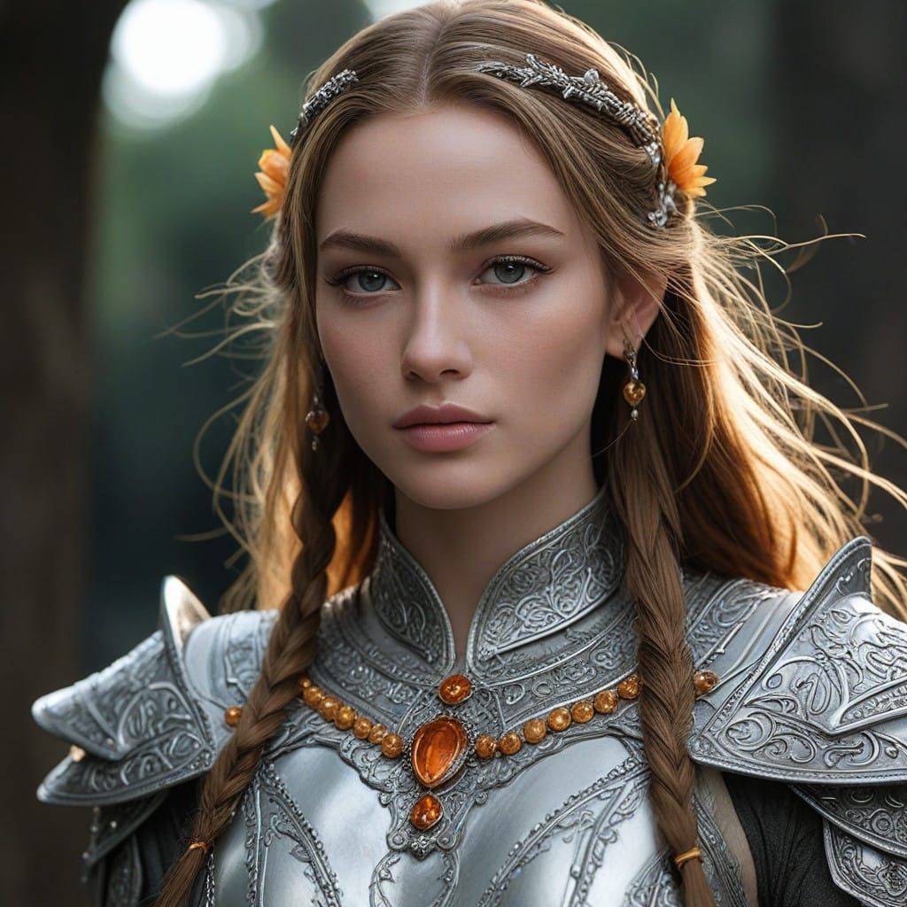 The elf woman is a beautiful young lady wearing silver armor, and ...