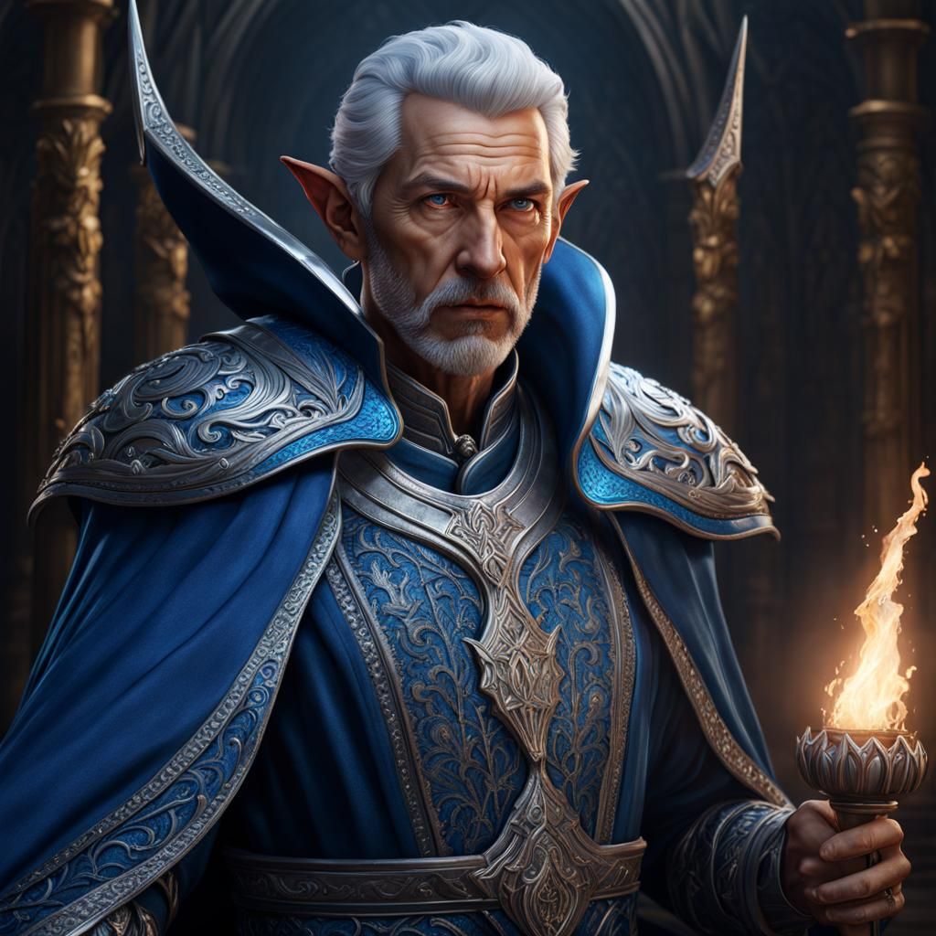 Hyperrealistic portrait of a middle aged half elf man wearing ...