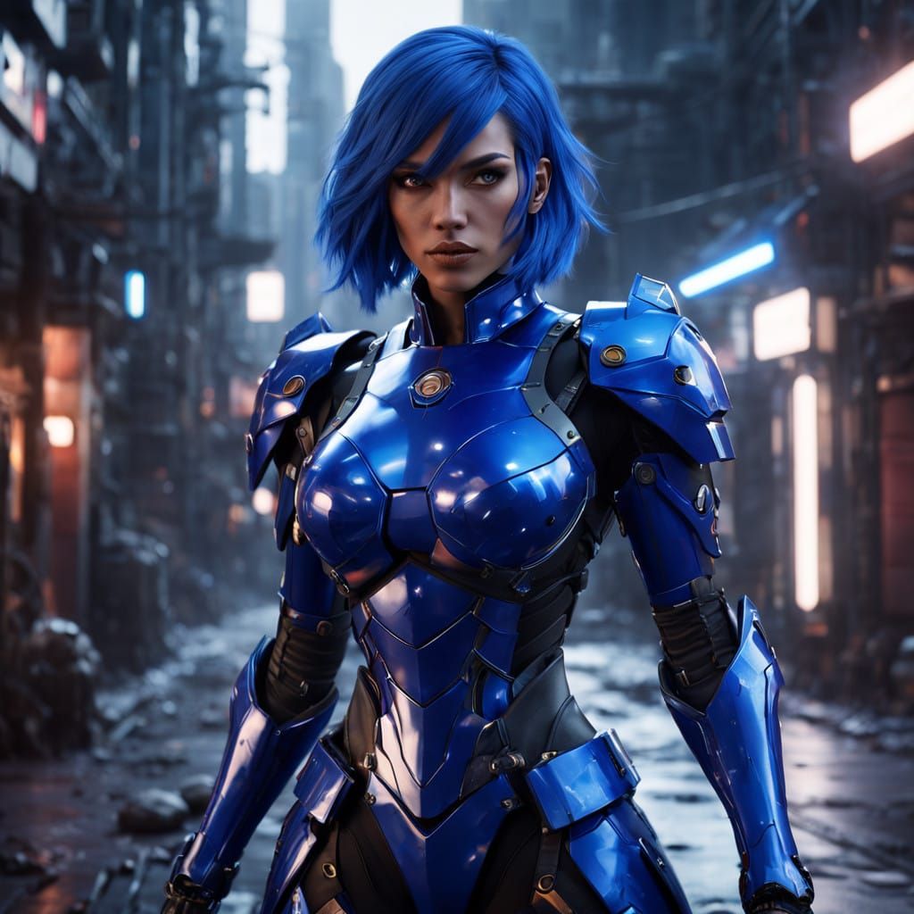 Girl in Futuristic Armor, Midnight Blue Hair, 3D A... - AI Art