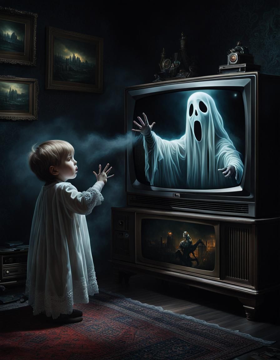 A ghost reaching out of tv - AI Generated Artwork - NightCafe Creator