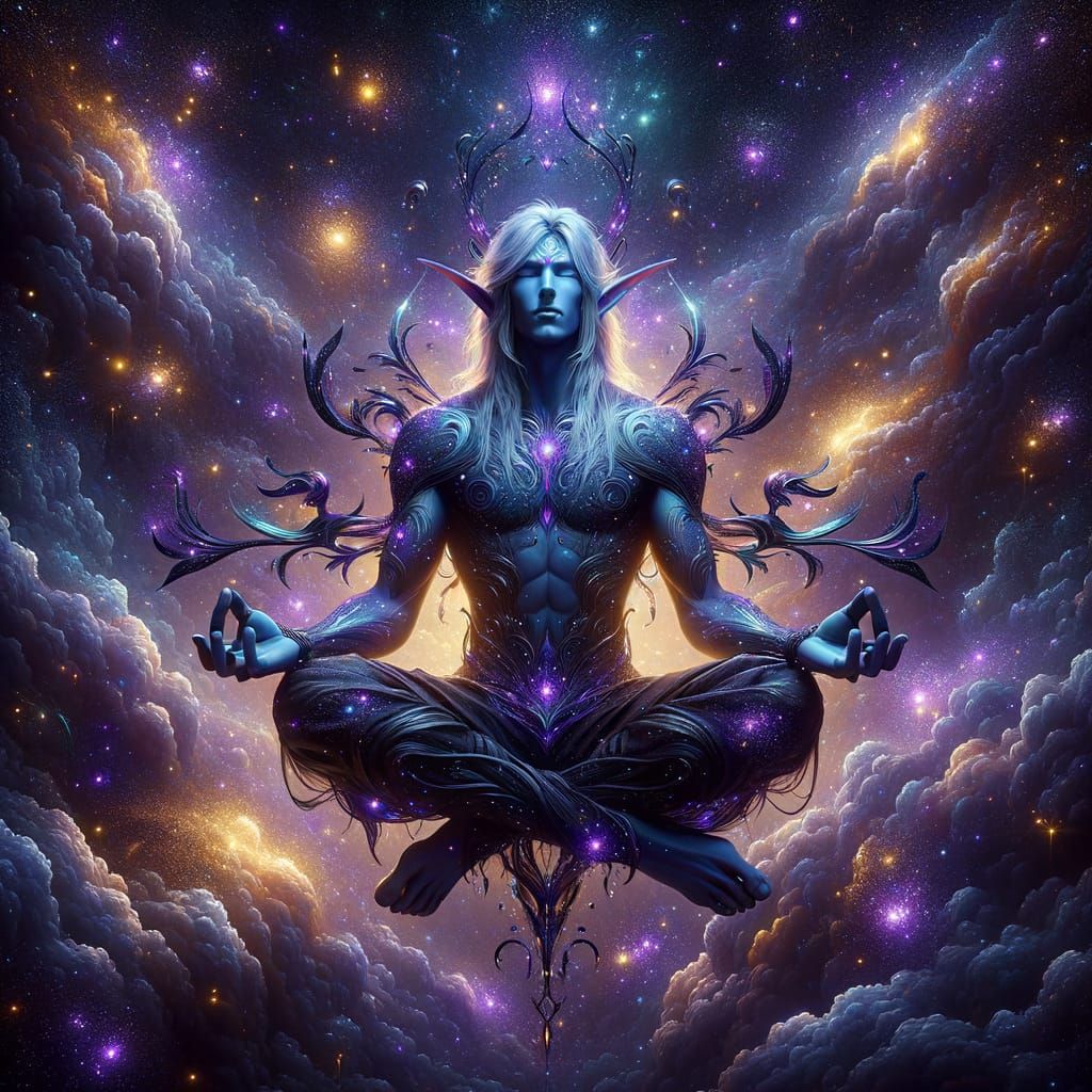 Ethereal Void Elf Meditates Among Celestial Whorls - AI Art