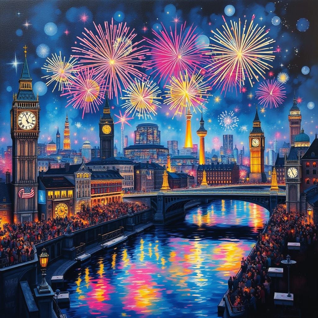 Realistic oil painting. A slightly surreal city with lots of clocks ...