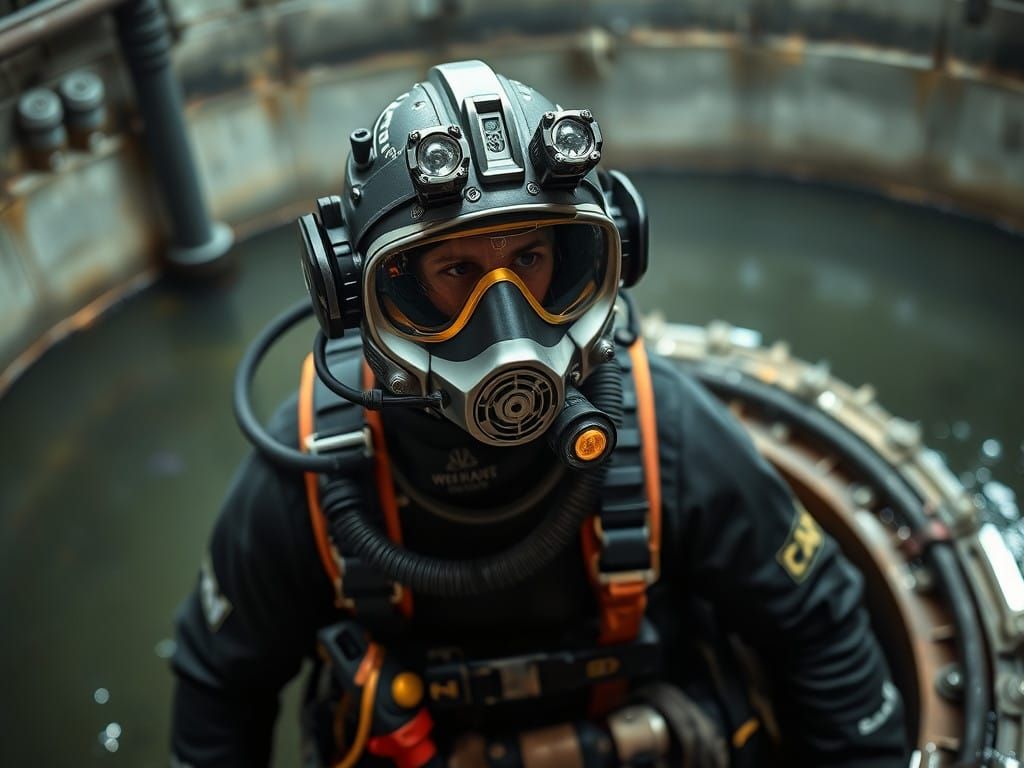 A photorealistic image of a wastewater treatment diver in a specialized ...