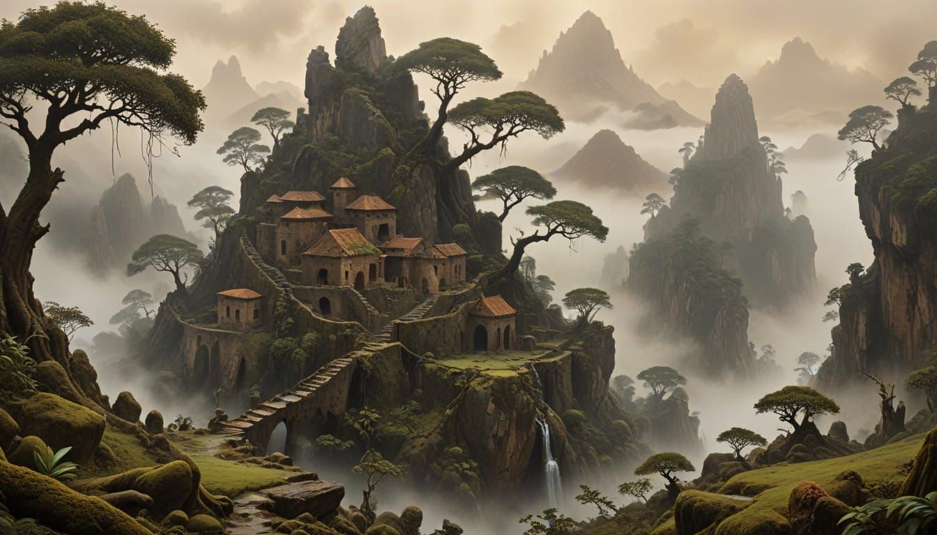 Ancient, Muted Mountain Metropolis in Cyberpunk St... - AI Art