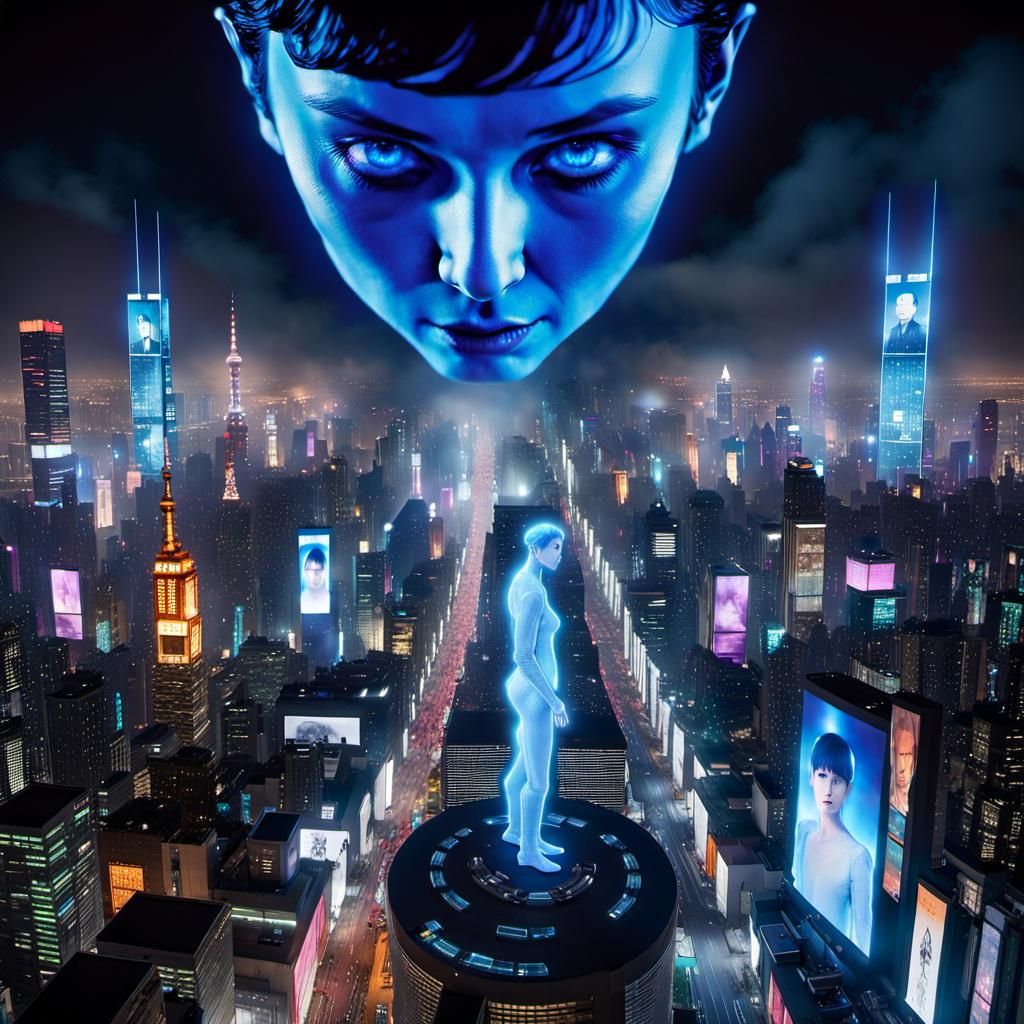large holograms of human faces are projected into the sky above Neo ...