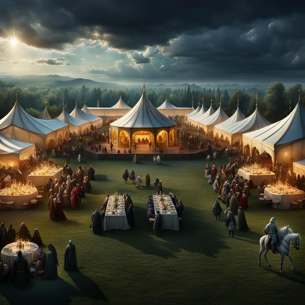 Field of Renaissance grand tent pavilions, knights and horses, Epic ...