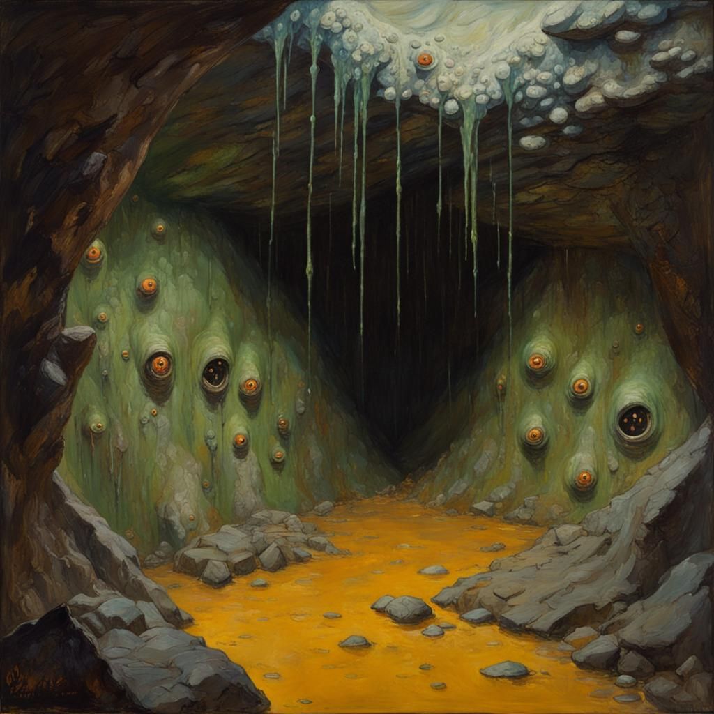 cave, slimy wet wall with many small eyes, dripping slime, horror-game ...