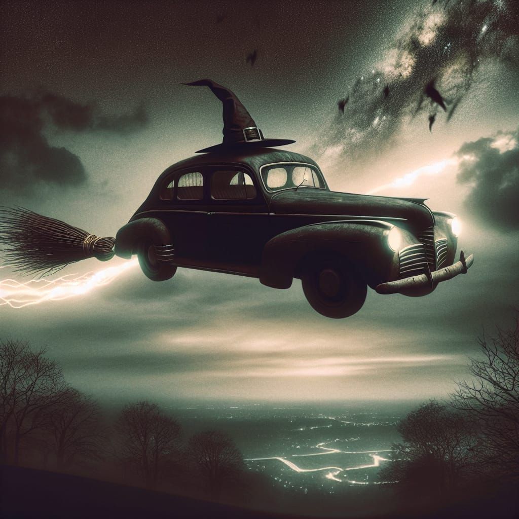 A witches car, broomstick style car, car that flies in a style for a ...