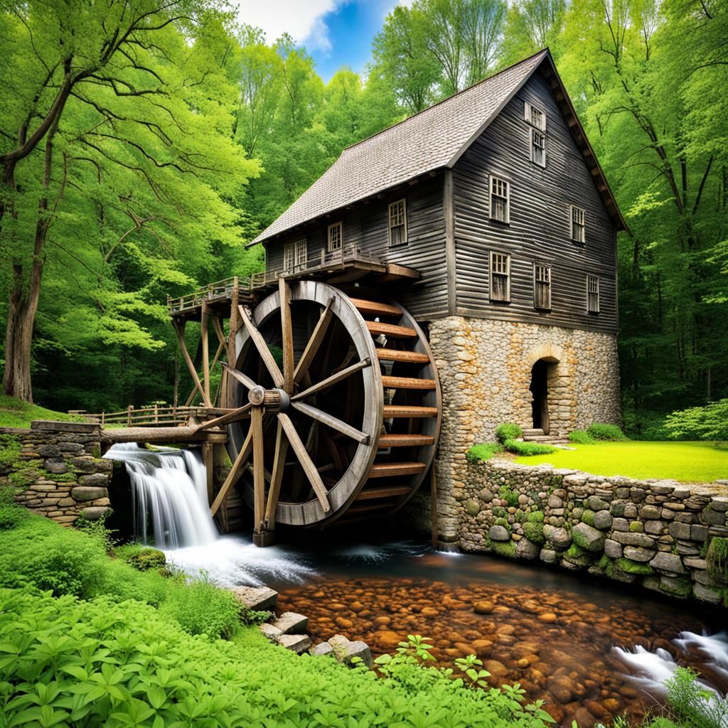 waterwheel grist mill in the countryside - AI Generated Artwork - NightCafe Creator