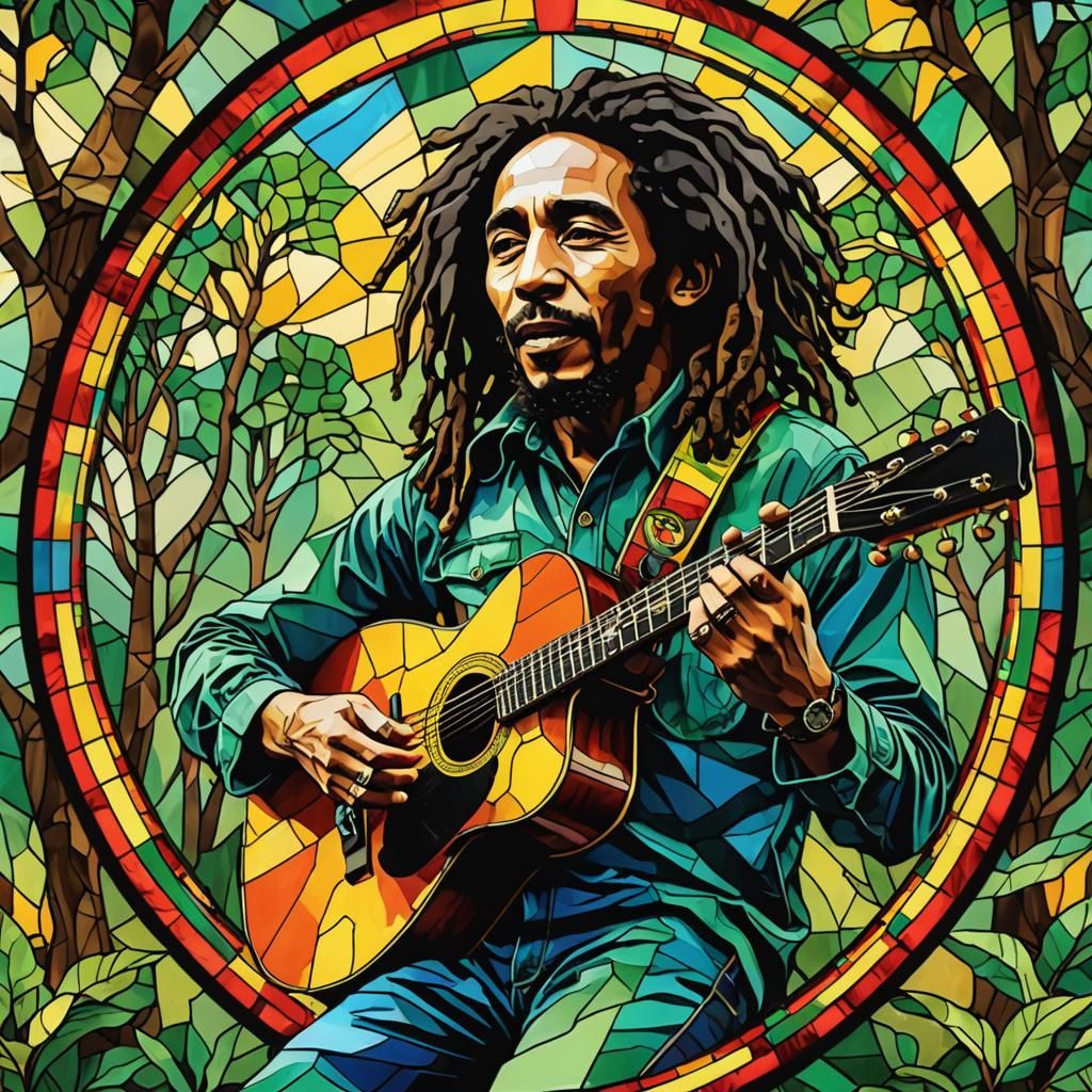 Stained Glass of Bob Marley playing guitar , trees background, Screen ...