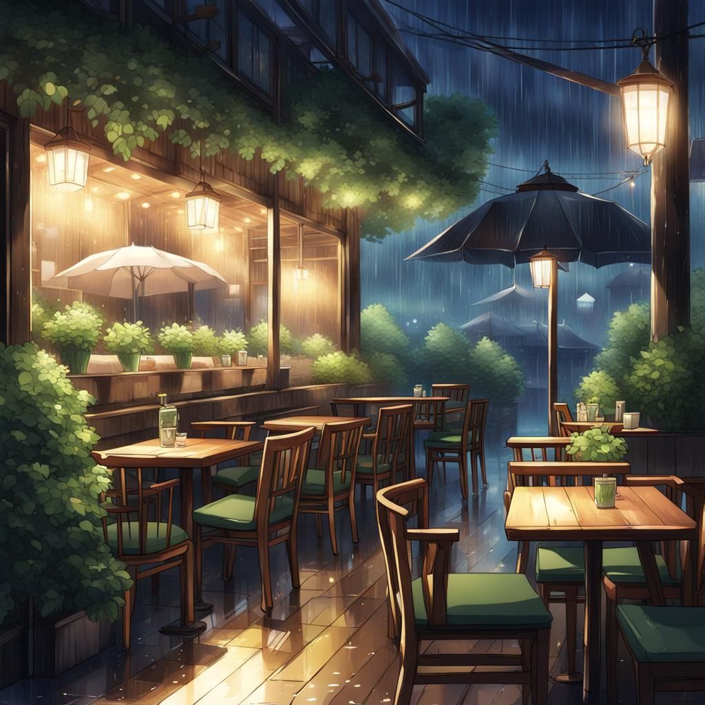 night restaurant with some vase of plant, nice wood tables and chairs ...