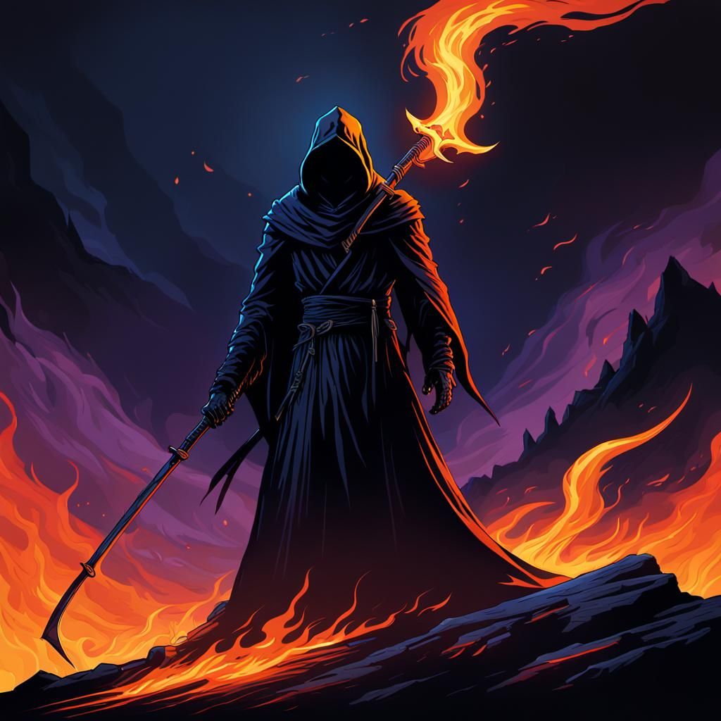 Grim Reaper - Grim Reaper Silhouetted Against Fiery Backgrou...