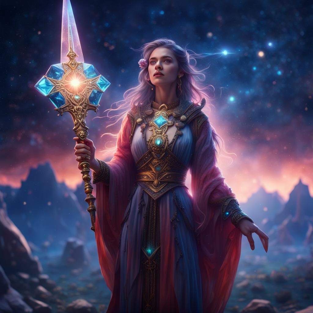 Magical priestess holding a Colorful crystal sword with a starry ...