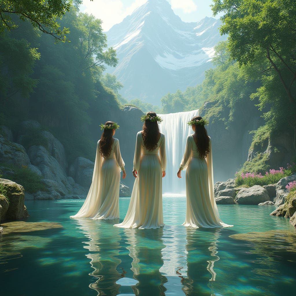 Ethereal Goddesses in a Lush Forest Pool, Inspired... - AI Art