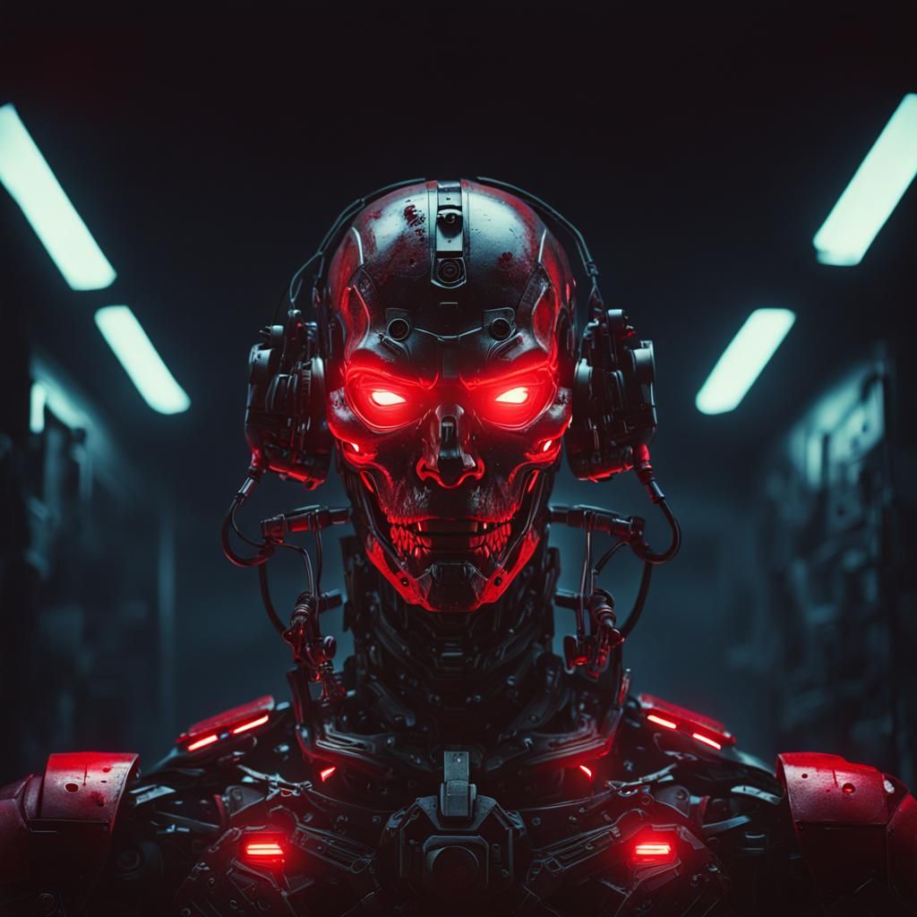 Evil cyborg glowing red in a dark room - AI Generated Artwork ...
