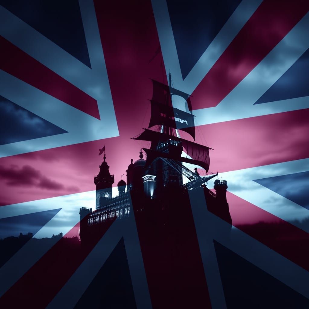 Double Exposed Royal Galleon Under Union Jack Flag - AI Art