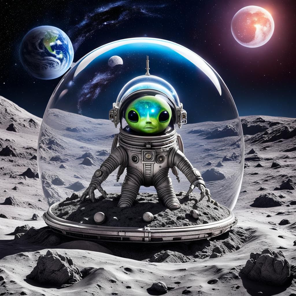 miniature spaceship with glass cap with alien in it on the moon surface ...