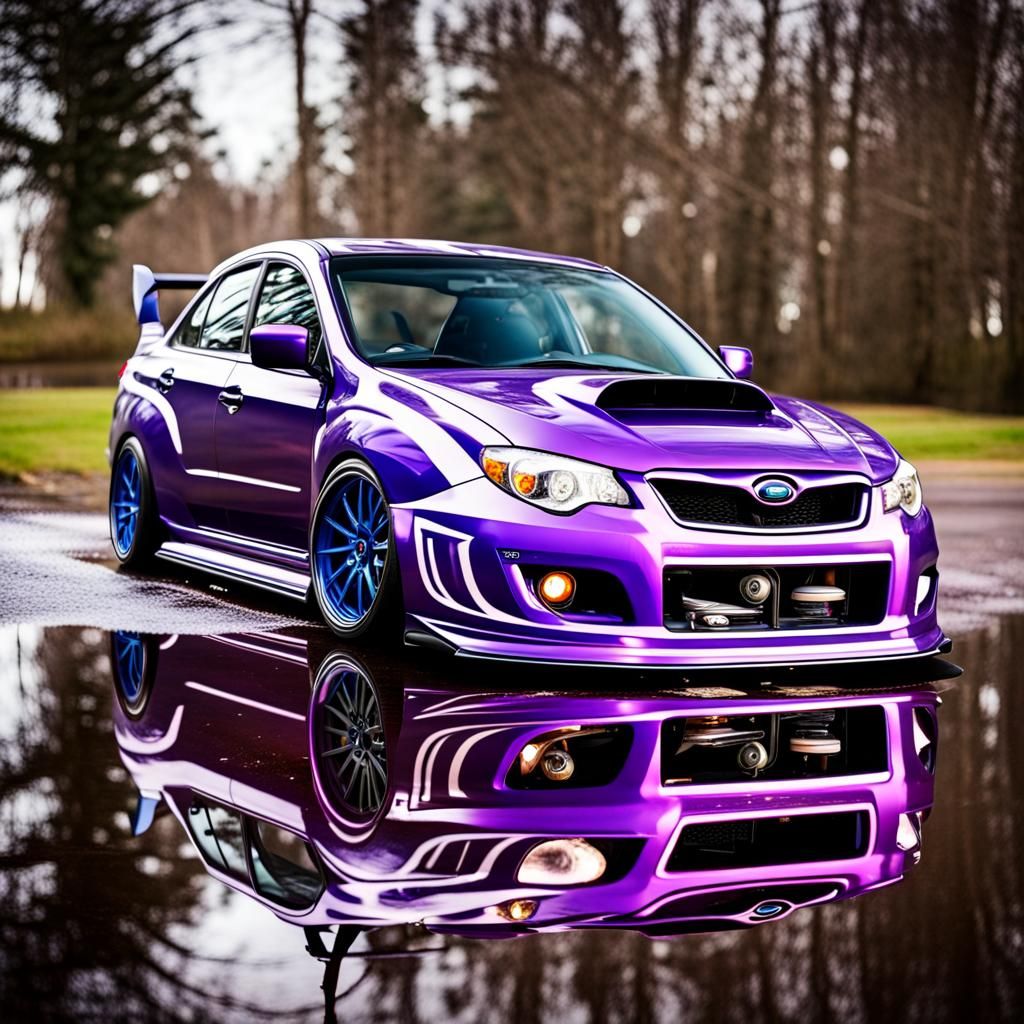 heavily modified 2011 Subaru Impreza STI in front of a cool purple ...