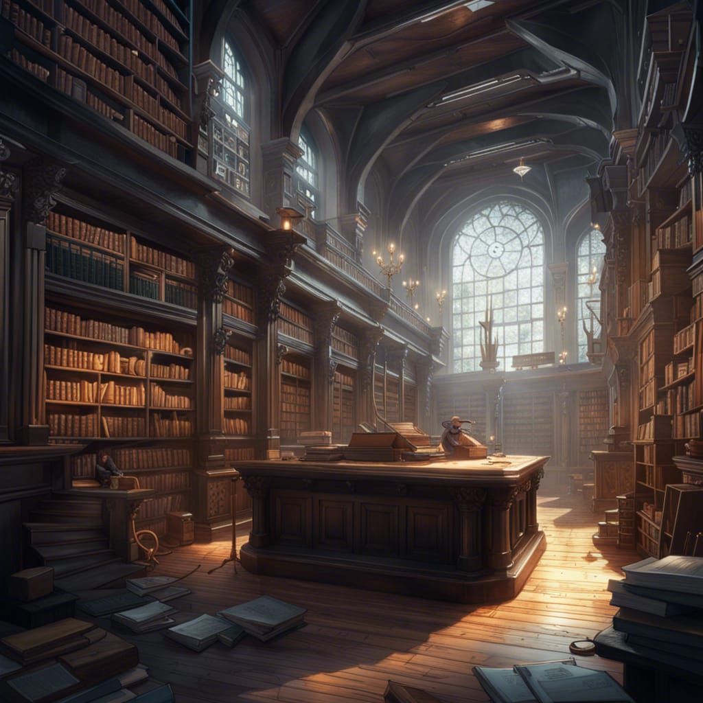 Problems in a huge crowded library, hyper-detailed beautiful concept ...