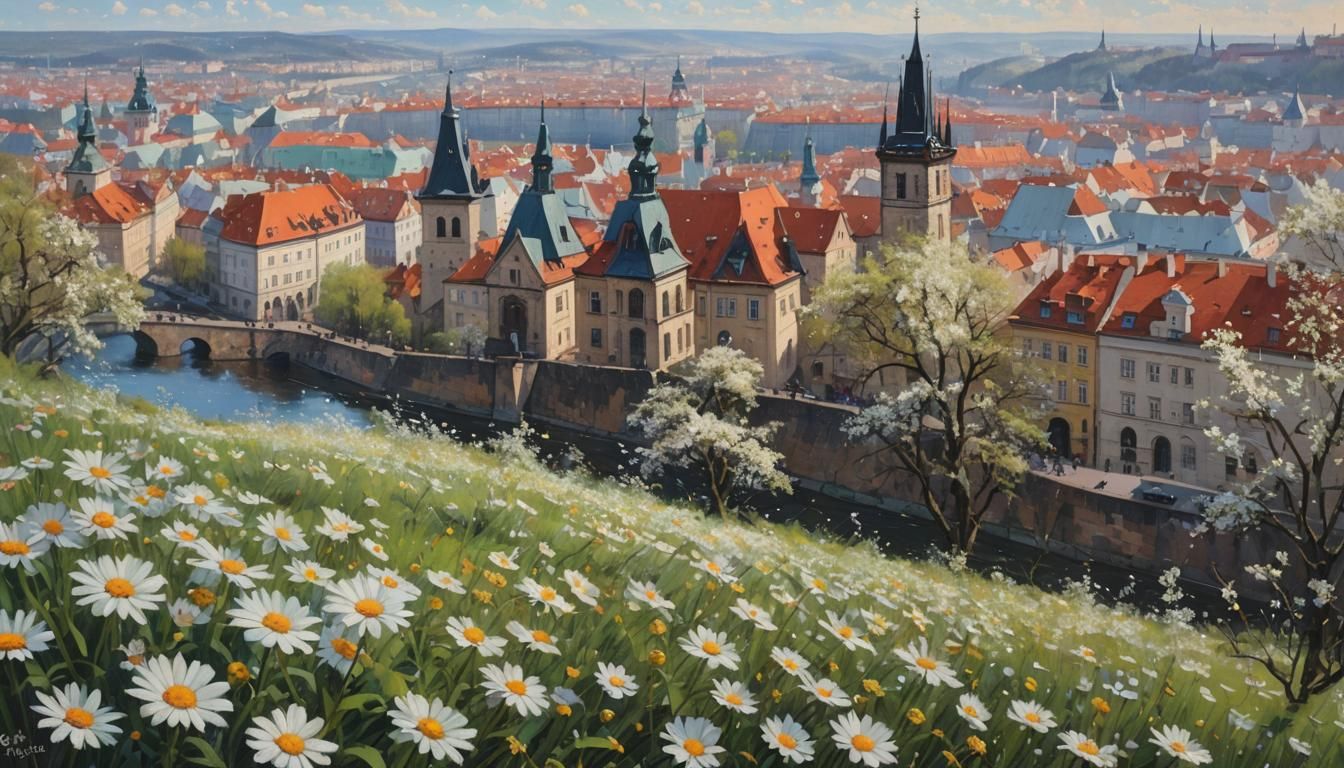 Spring Prague full of glitter and blooming daisies - AI Generated ...