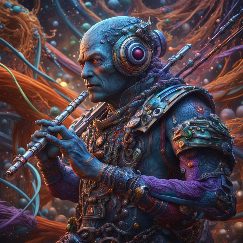 Intergalactic god with a large multitude of colorful hi-tech cables ...